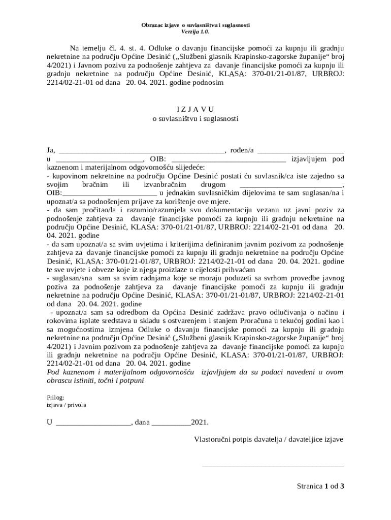 Obrazac izjave o suvlasnitvu i suglasnosti verzija 1.0 Doc Template ...