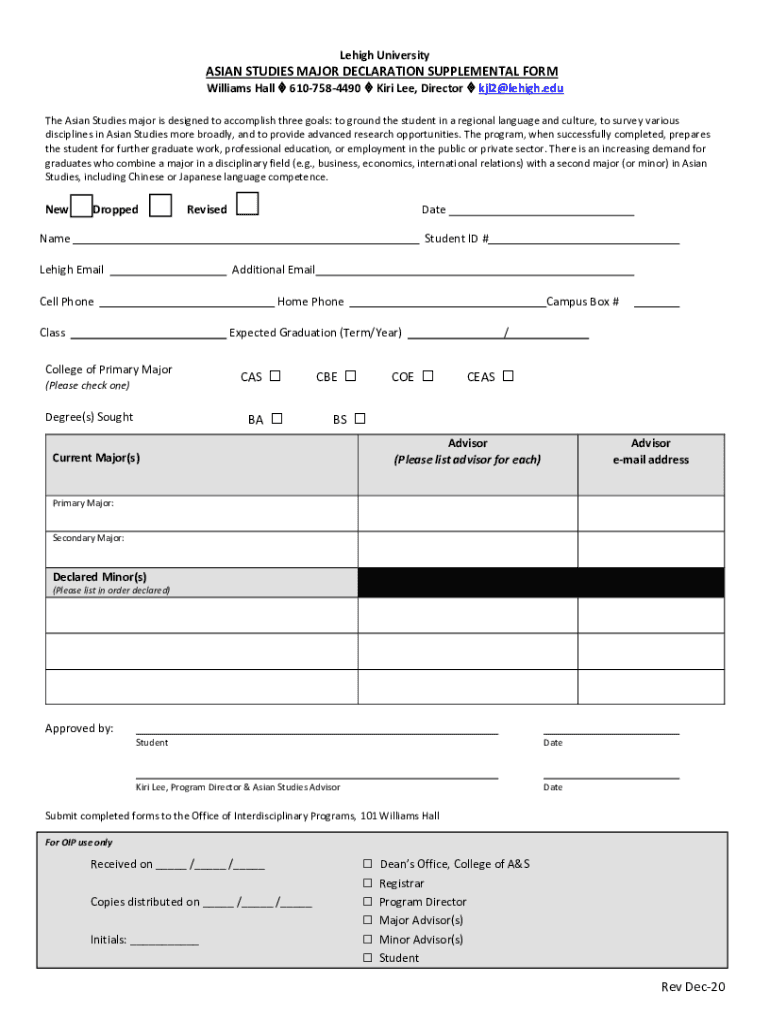Fillable Online Asian Studies Major Declaration / Revision Form Fax ...