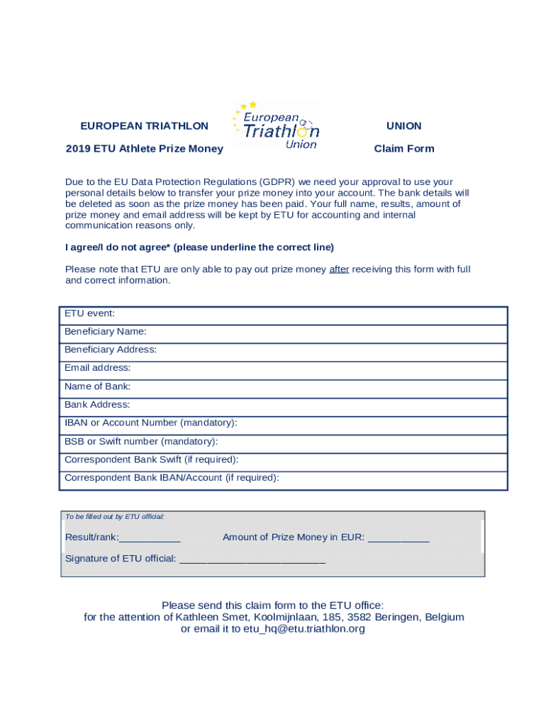 2021 Europe Triathlon Athlete Prize Money Claim Doc Template | pdfFiller