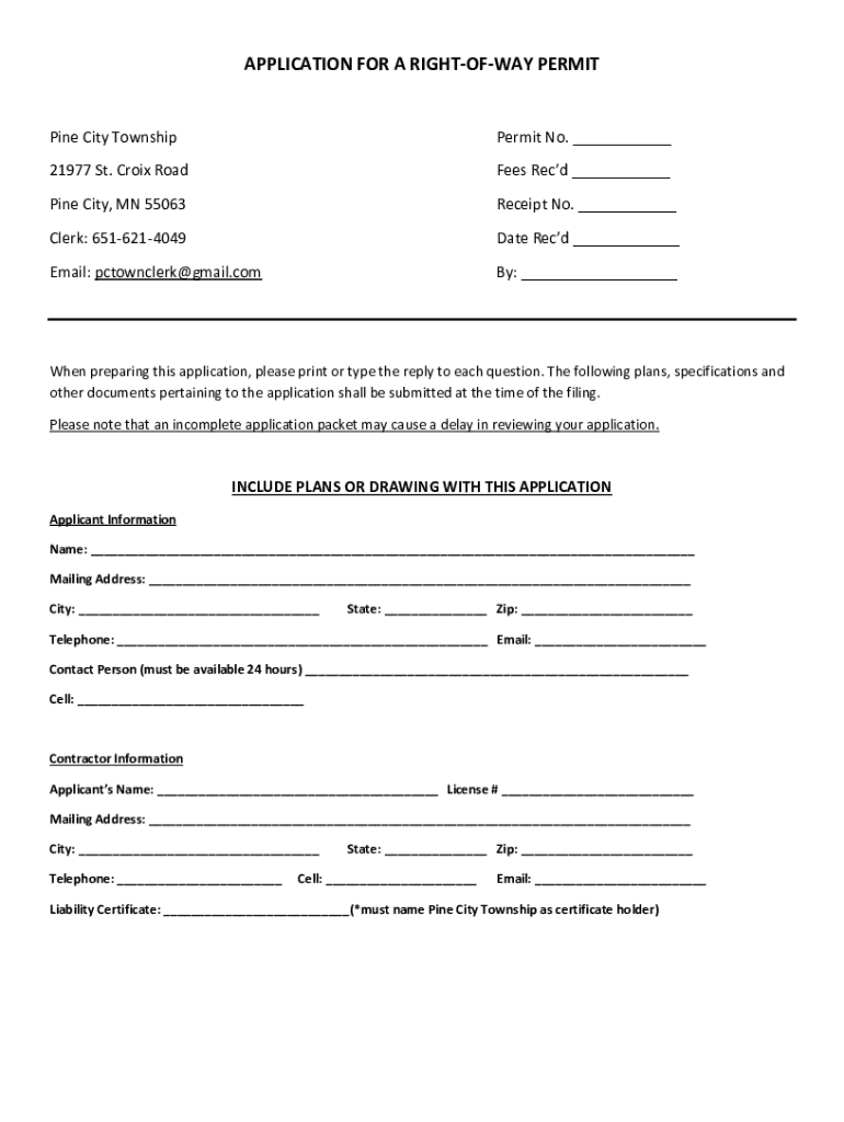Fillable Online APPLICATION FOR A RIGHT-OF-WAY PERMIT Fax Email Print ...