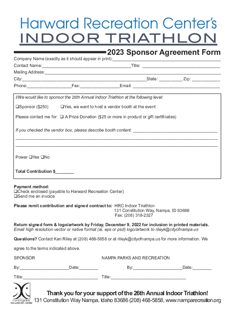 Fillable Online Harward Recreation Center's - INDOOR TRIATHLON Fax ...