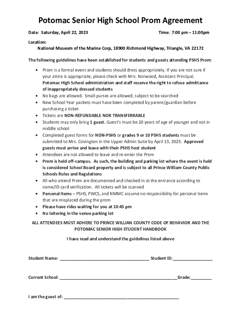 Fillable Online Potomac Senior High School Prom Agreement Fax Email ...