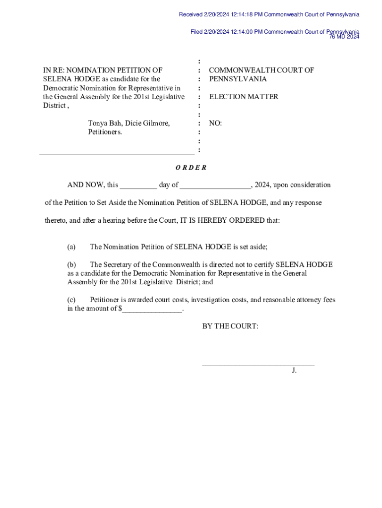 Fillable Online In re: Nomination Petition of Selena : Hodge as ...