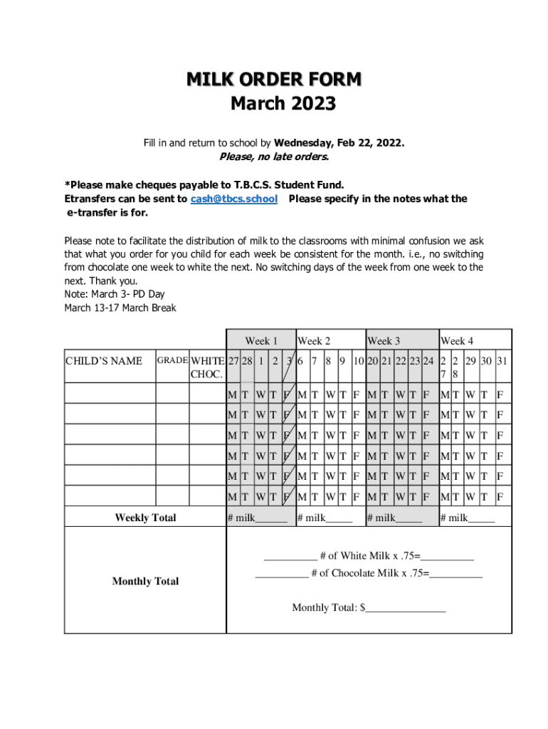 Fillable Online MILK ORDER FORM March 2023 Fax Email Print - pdfFiller