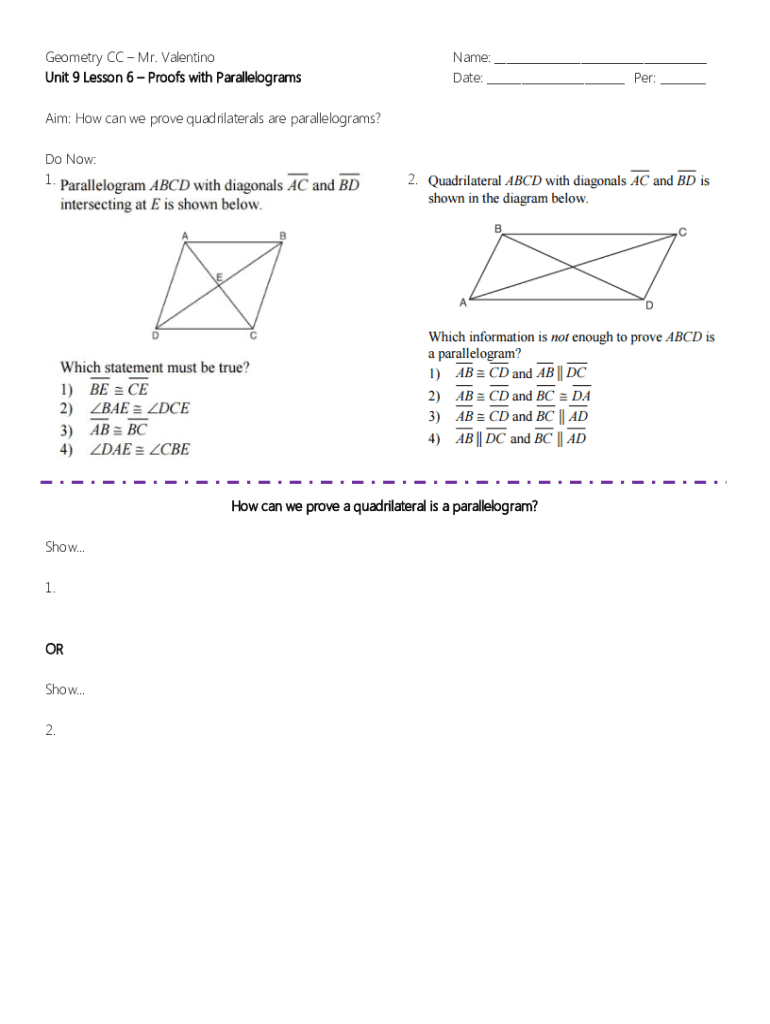 Fillable Online Proving a Quadrilateral is a ParallelogramProofs ...