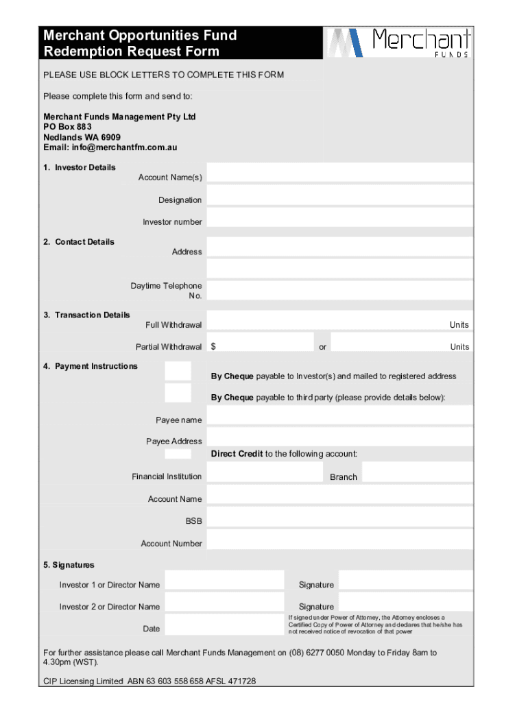 Fillable Online Merchant Opportunities Fund Redemption Request Form Fax Email Print - pdfFiller