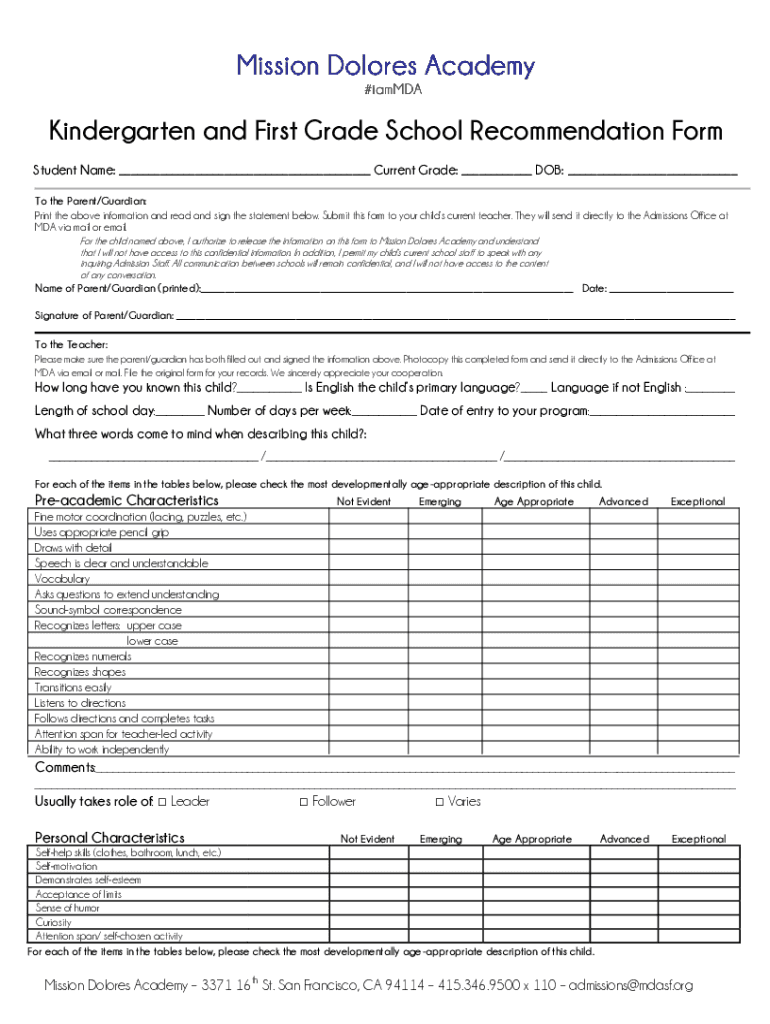 Fillable Online Kindergarten and First Grade School Recommendation Form ...