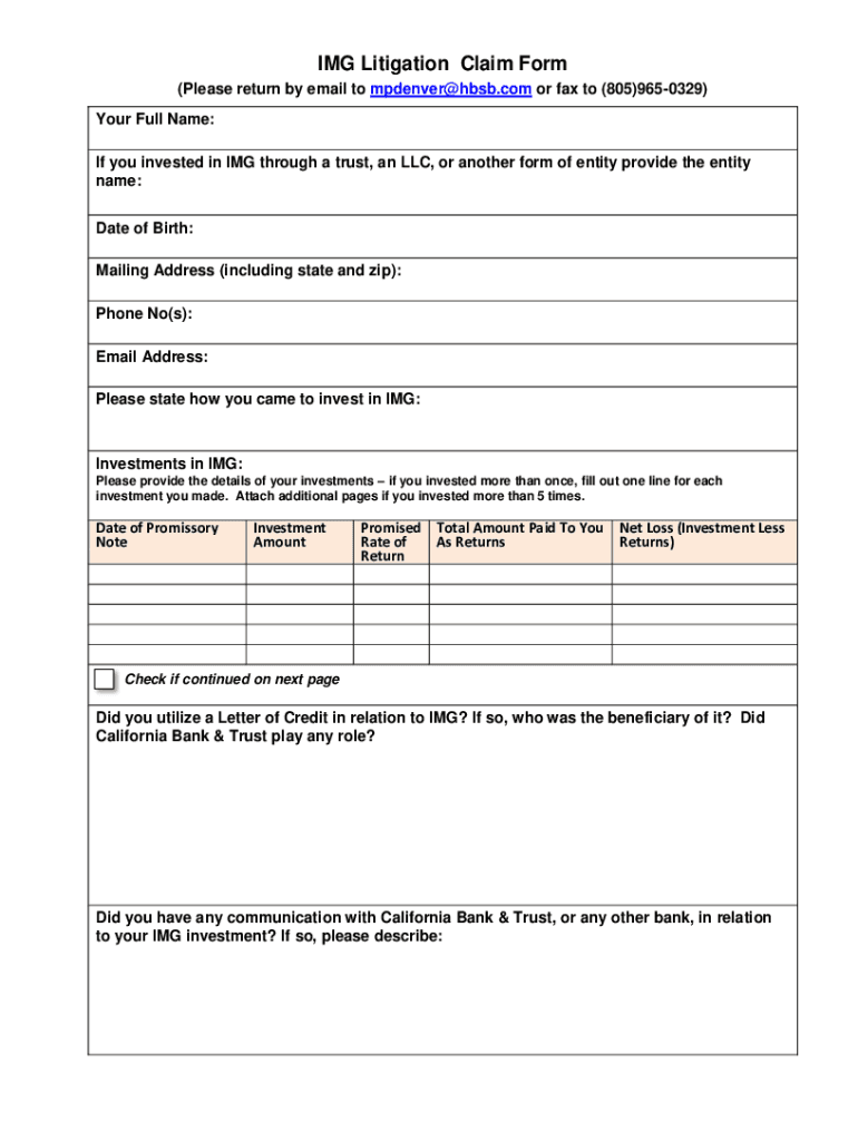Fillable Online IMG Litigation Claim Form Fax Email Print - pdfFiller