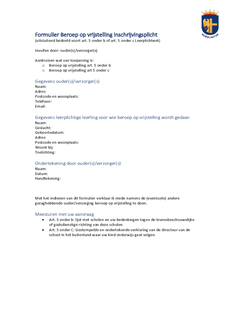 Invulbaar Online formulier beroep op vrijstelling van de inschrijvingsplicht Faxnummer Email ...