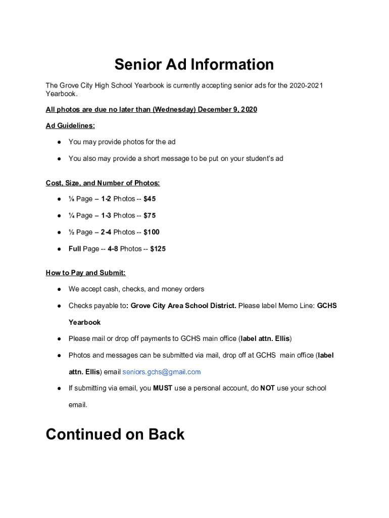 Fillable Online Senior Ad Information - Grove City Area School District ...