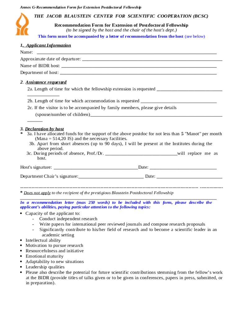 Recommendation for extension postdoctoral fellowship Doc Template | pdfFiller