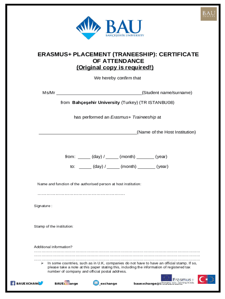 Erasmus Certificate of Attendance (Katlm Sertifikas) Doc Template ...