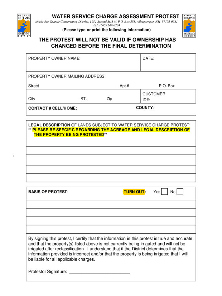 Fillable Online Fillable Online water service charge assessment protest ...