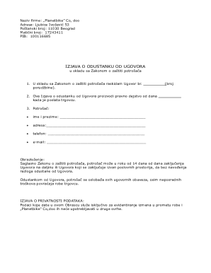 Fillable Online Izjava o odustanku od ugovora na daljinu Fax Email ...