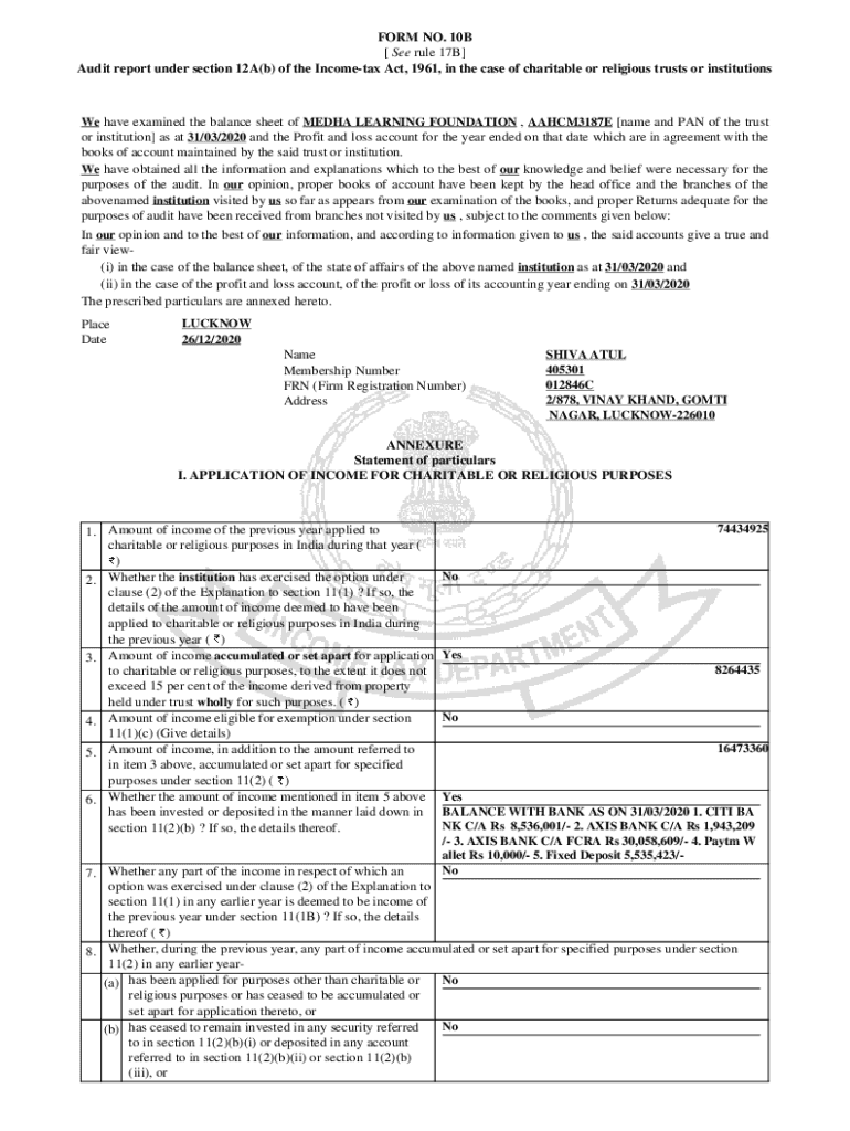Fillable Online FORM NO. 10B See rule 17B Audit report under section ...
