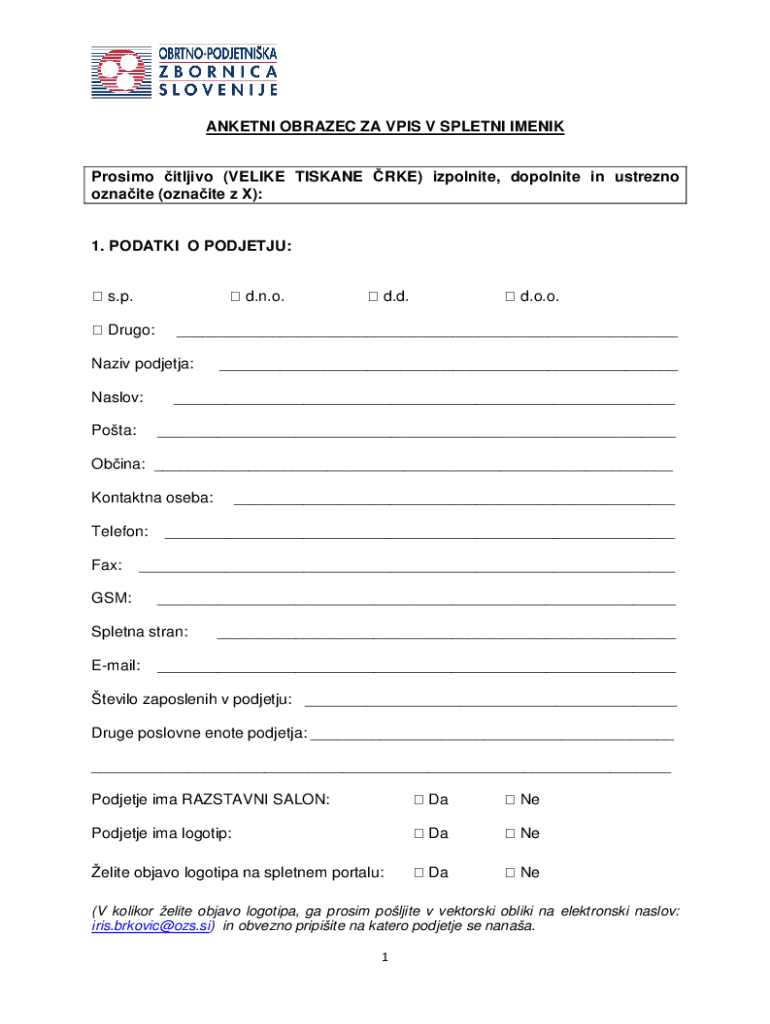 Fillable Online anketni obrazec za vpis v spletni imenik Fax Email Print - pdfFiller