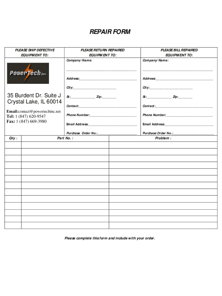Fillable Online REPAIR FORM - PowerTech Inc. Fax Email Print - pdfFiller