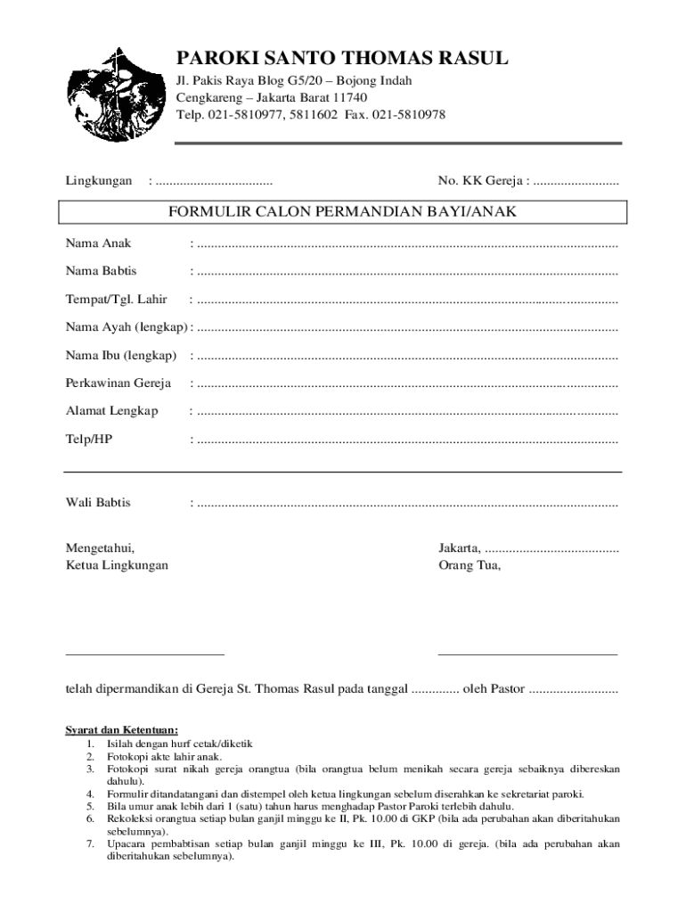 Fillable Online Gereja Katolik St. Thomas Rasul, Bojong Indah, Jakarta ...