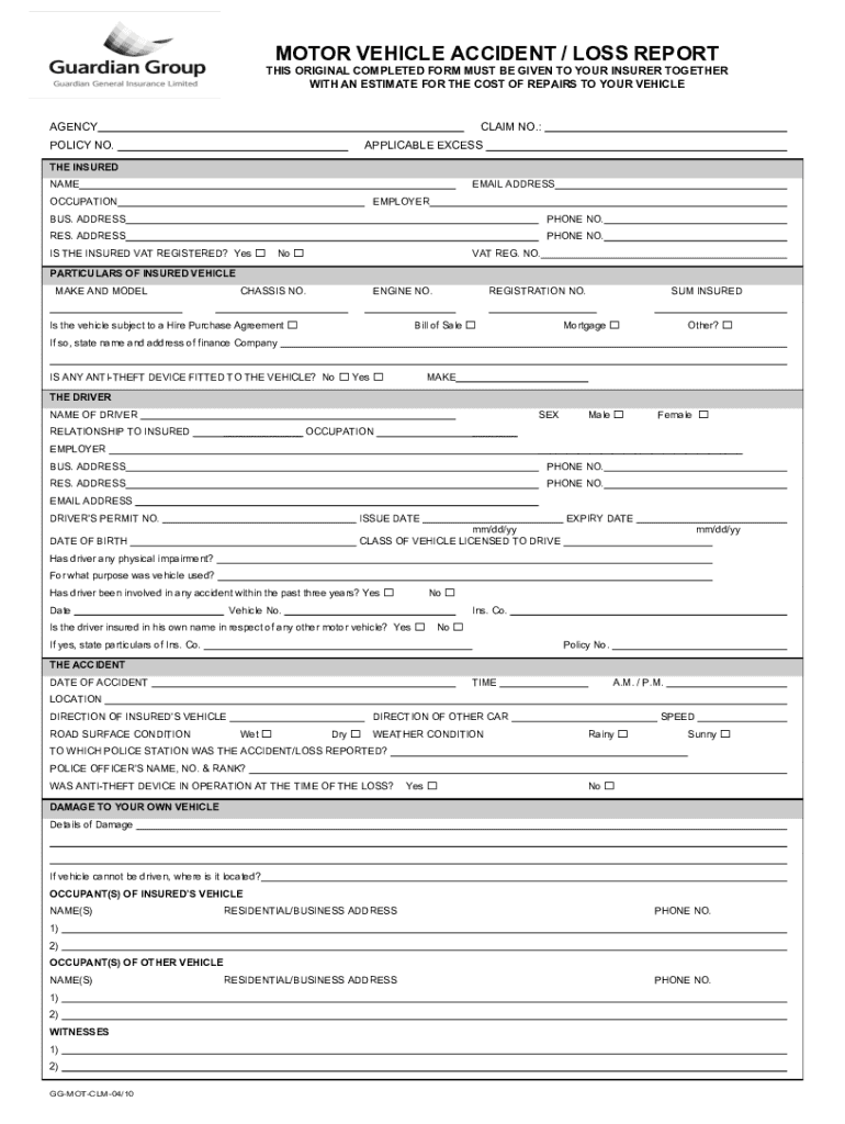 Fillable Online Motor Vehicle Accident / Loss Report Form Fax Email ...
