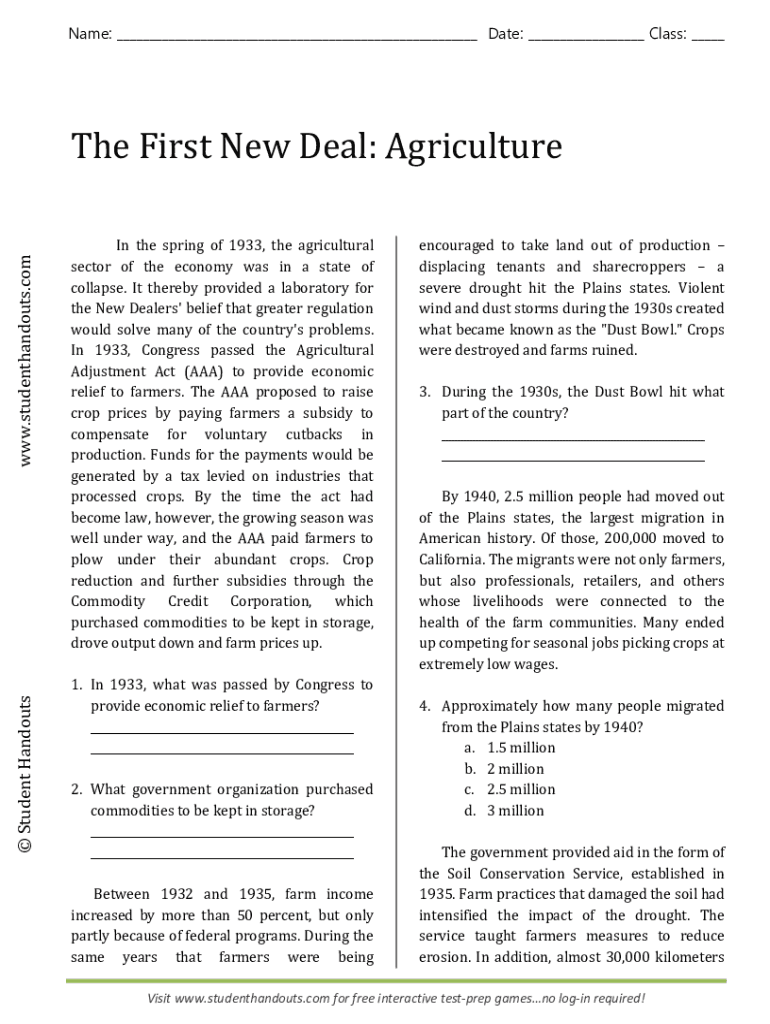 Fillable Online First New Deal: Agriculture - Reading with Questions ...