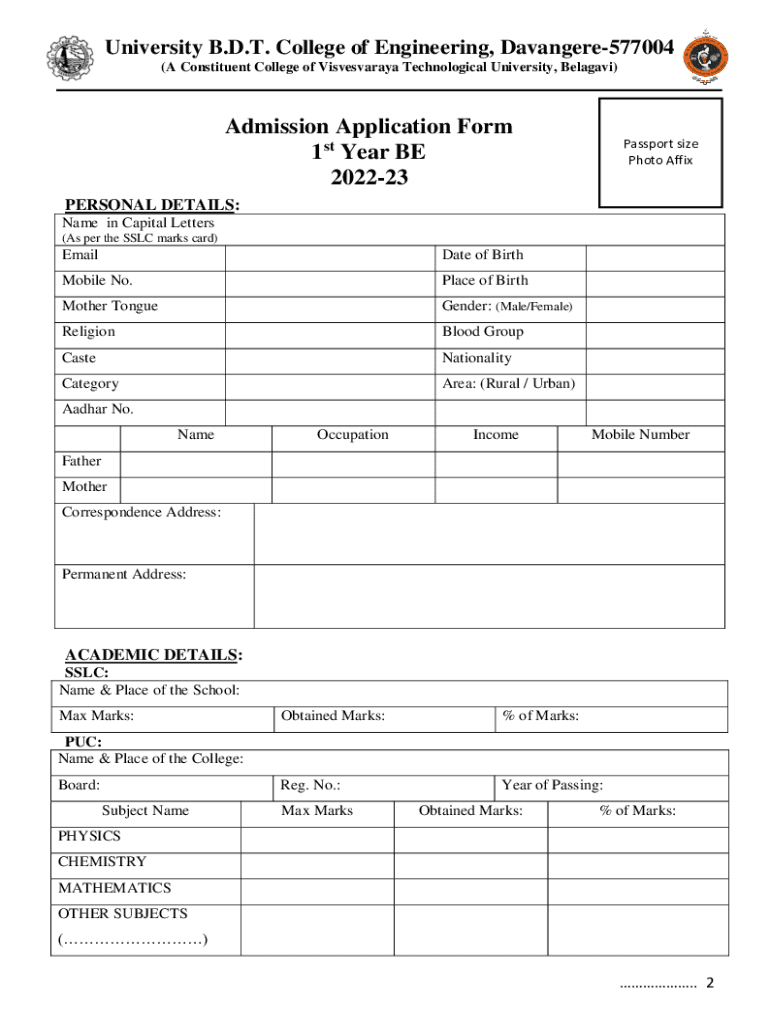Fillable Online Admission Application Form 1st Year BE 2022-23 Fax ...