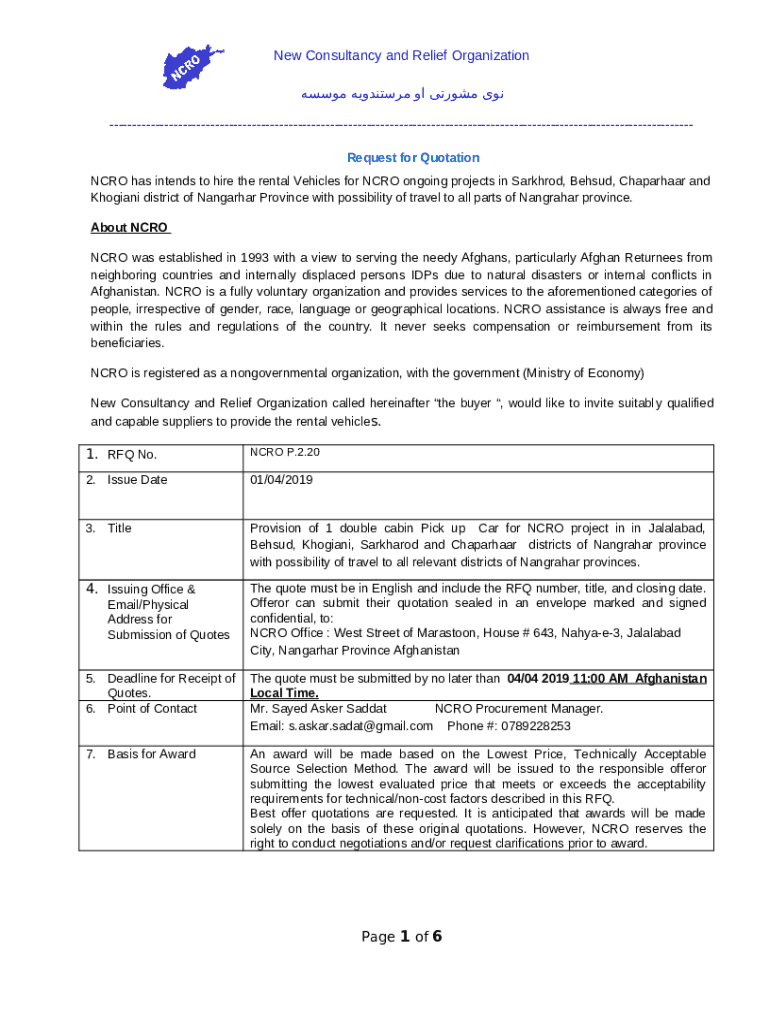 ACBAR: RFQ for ACHRO - Kabul Doc Template | pdfFiller