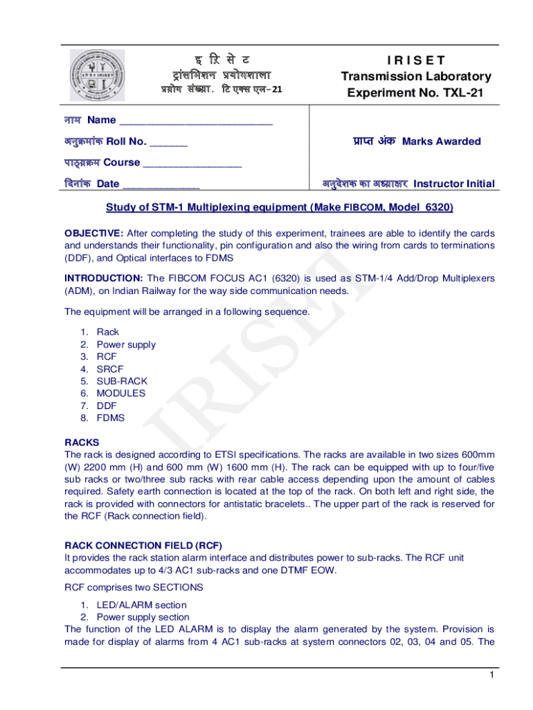 Fillable Online Study of STM-1 Multiplexing equipment (Make FIBCOM ...