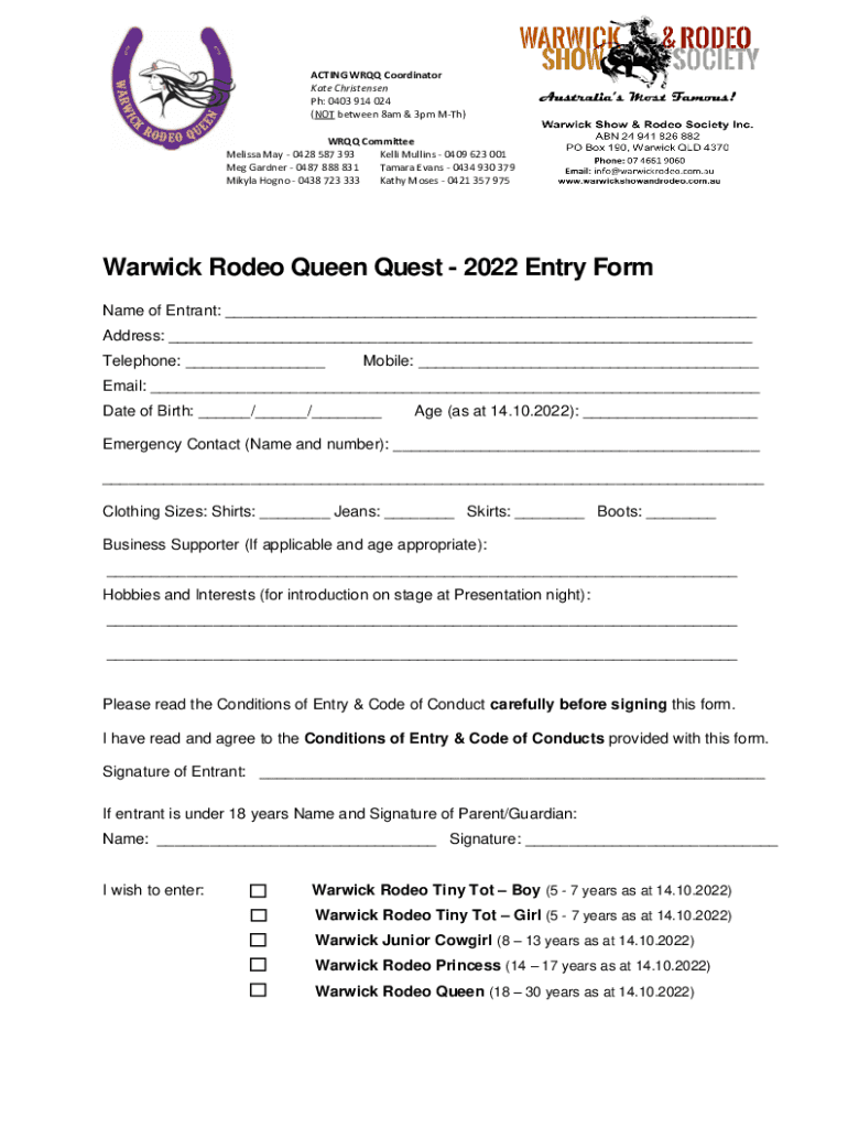 Fillable Online Warwick Rodeo Queen Quest - 2022 Entry Form Fax Email ...