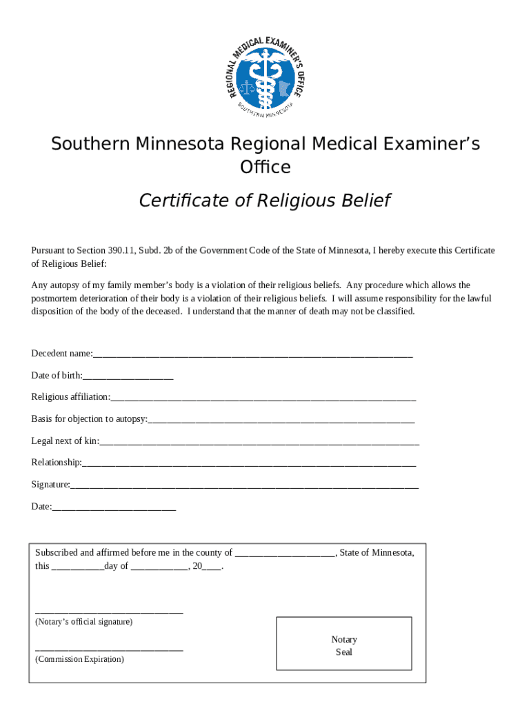 SMRMEO Certificate of Religious Belief Doc Template | pdfFiller