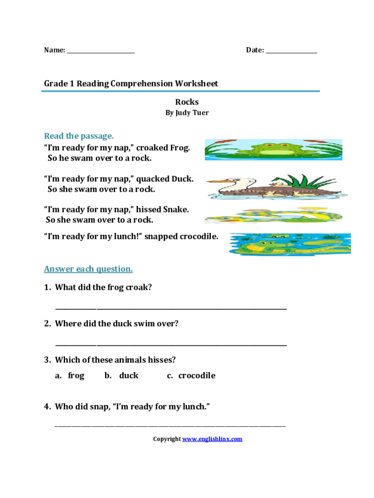 Fillable Online Grade 1 Reading Comprehension Worksheet Rocks Fax Email ...