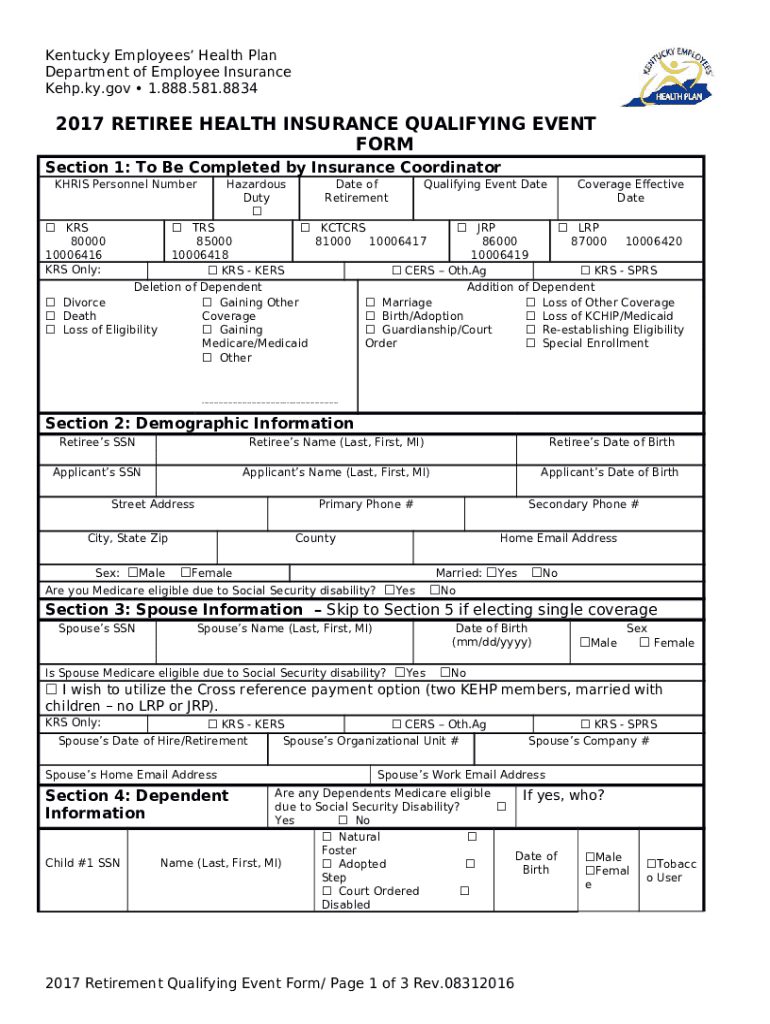 2017 KEHP Retirees Qualifying Event Doc Template | pdfFiller