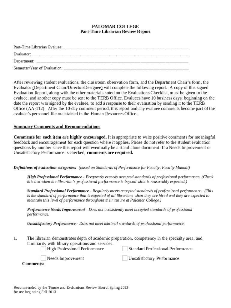 Part time Librarian Final Evaluation Report Doc Template | pdfFiller