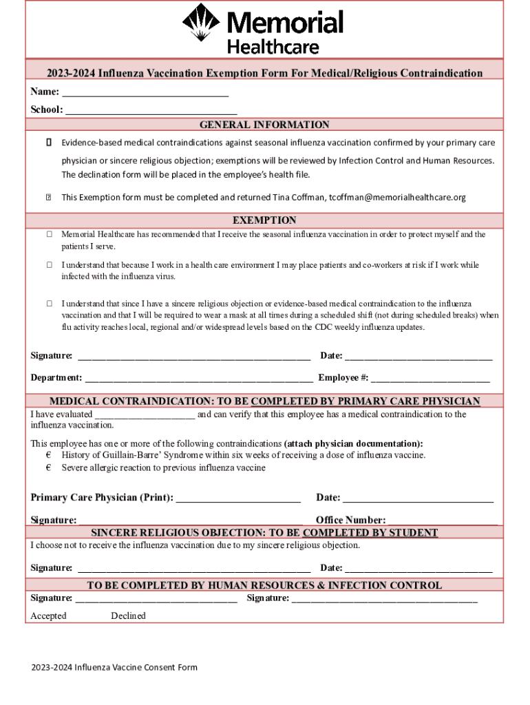 Fillable Online 2023-2024 Influenza Vaccination Exemption Form For ...