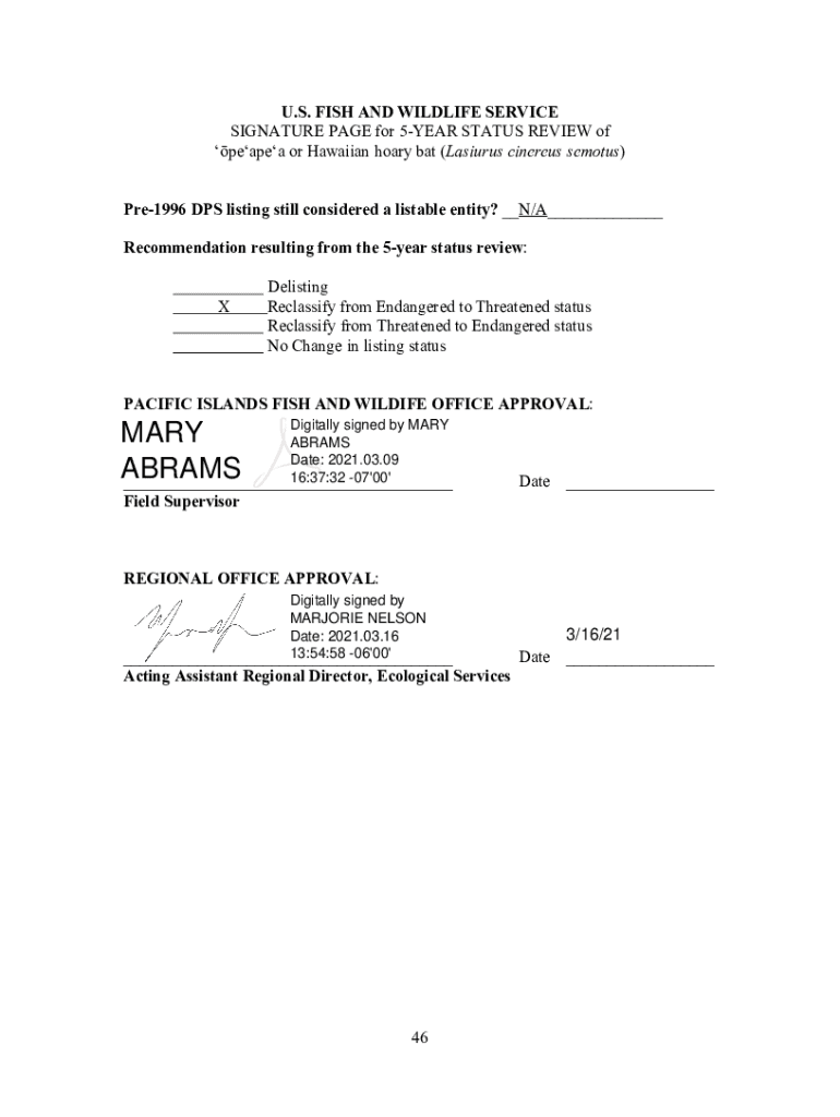Fillable Online Species Reviewed: peapea or Hawaiian hoary bat Fax ...
