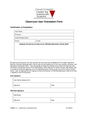 Fillable Online Cleanroom User Orientation Form Fax Email Print - pdfFiller