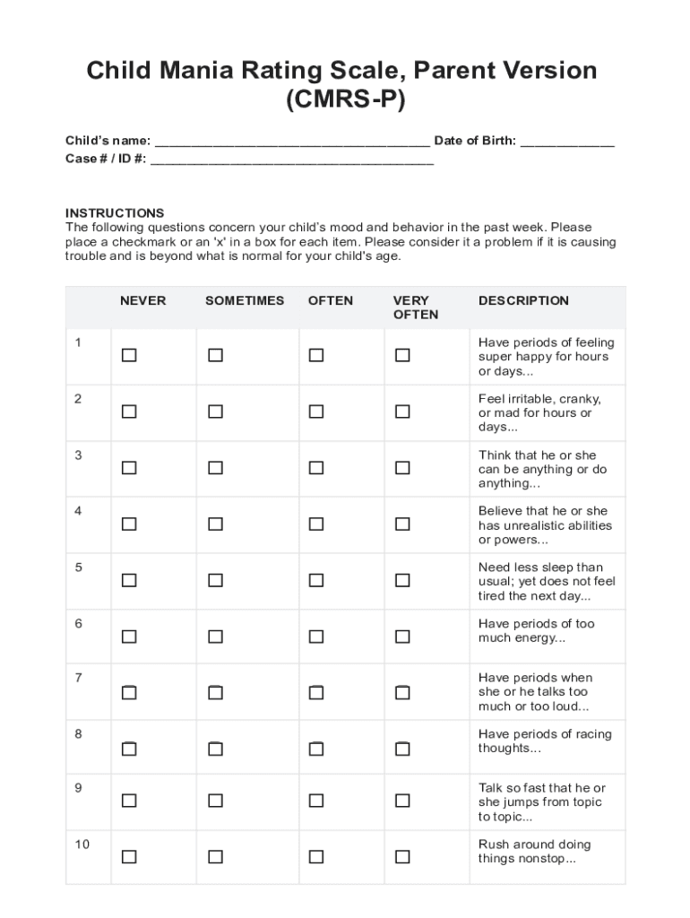 Fillable Online Child Mania Rating Scale-Parent Version: A Valid ...