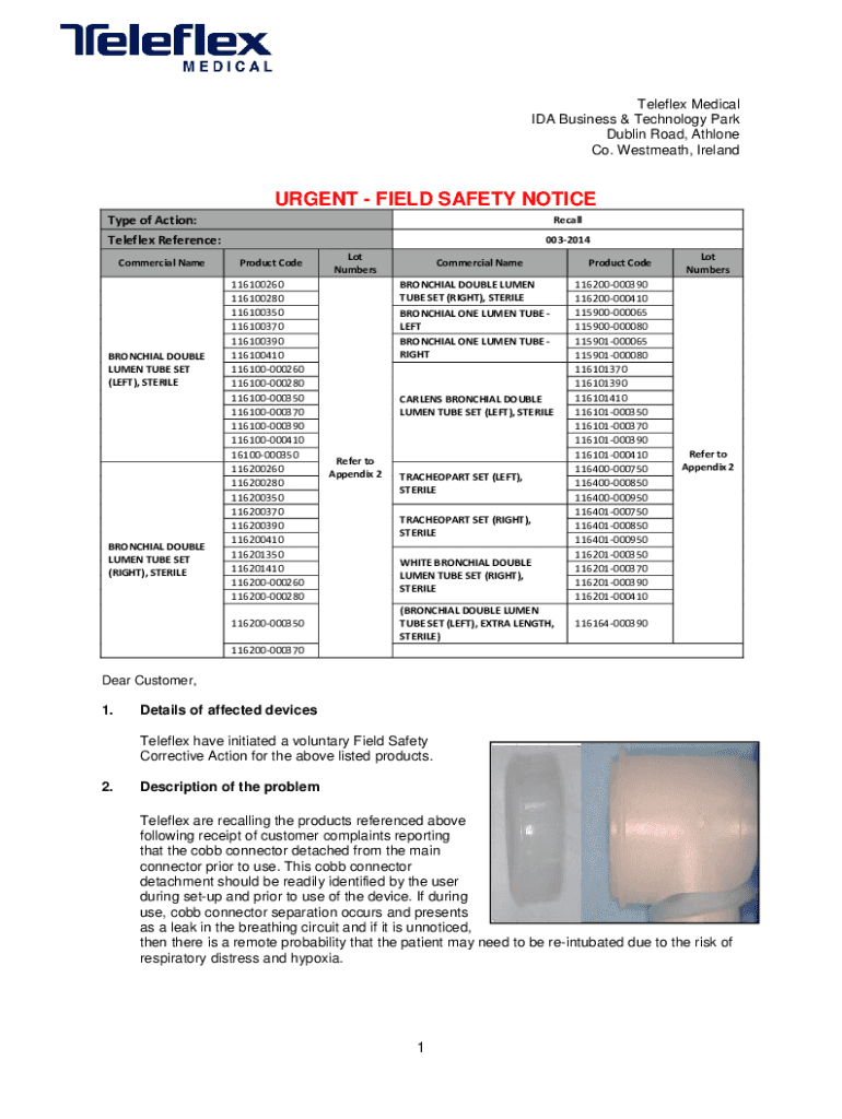 Fillable Online Teleflex Incorporated Announces Global Recall of Rsch ... Fax Email Print ...