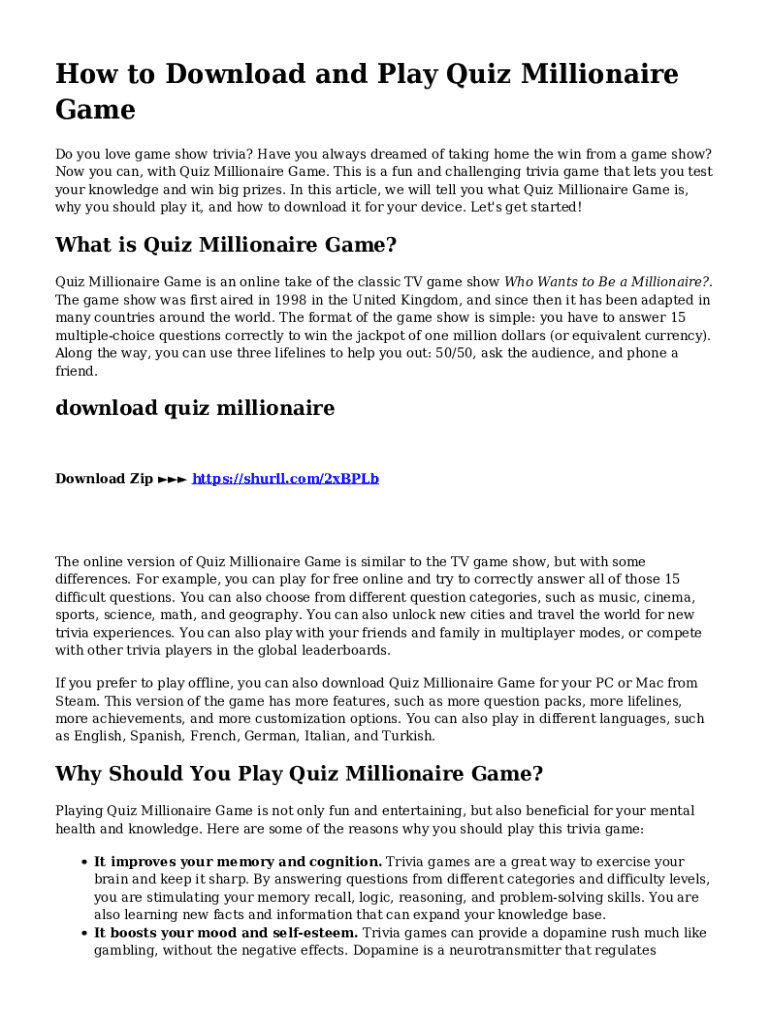 Fillable Online Who Wants to Be a Millionaire? Trivia Quiz Game Fax ...