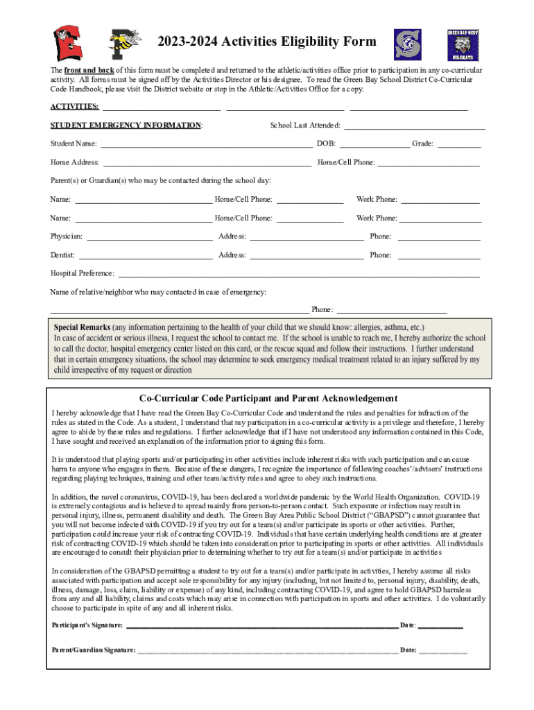 Fillable Online 2023-2024 Activities Eligibility Form Fax Email Print - pdfFiller
