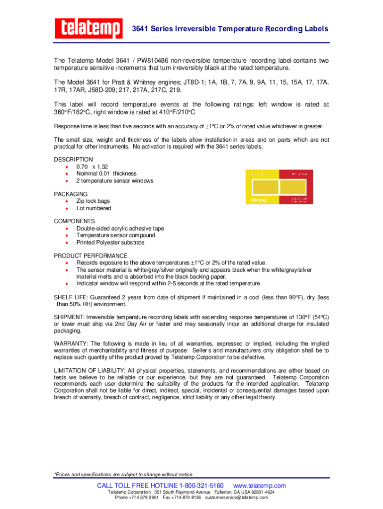 Fillable Online L 3641 Series Irreversible Temperature Recording Labels ...