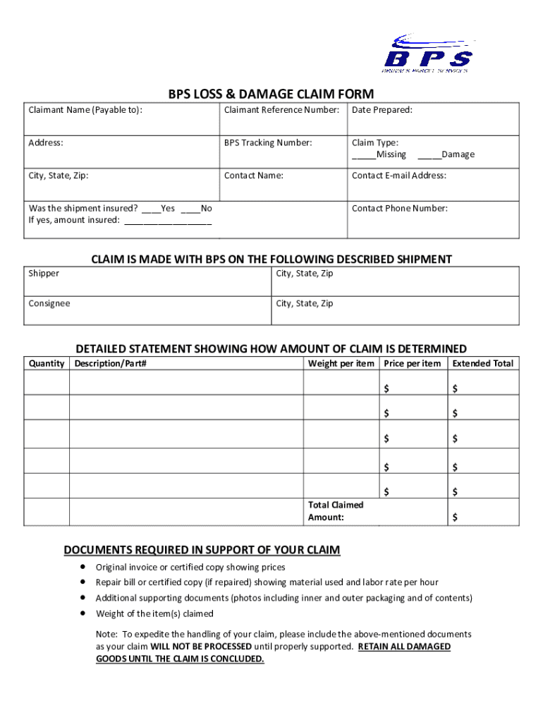 Fillable Online BPS LOSS & DAMAGE CLAIM FORM Fax Email Print - pdfFiller