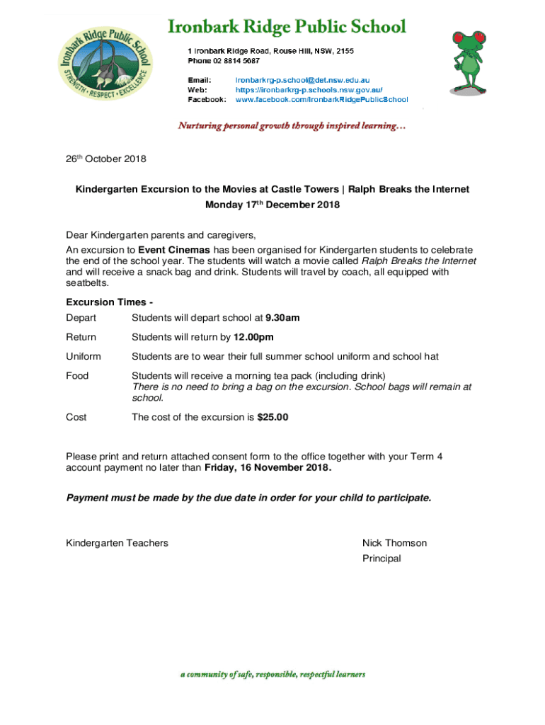 Fillable Online Kindergarten Excursion to the Movies at Castle Towers ...