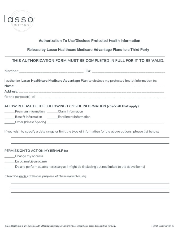 Fillable Online Release by Lasso Healthcare Medicare Advantage Plans to a Third Party Fax Email ...