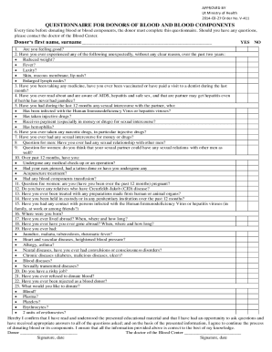 Fillable Online QUESTIONNAIRE FOR DONORS OF BLOOD AND BLOOD COMPONENTS ...