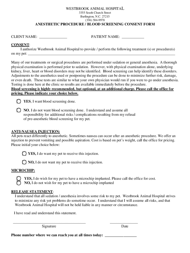 Fillable Online Anesthetic Procedure / Blood Screening Consent ...