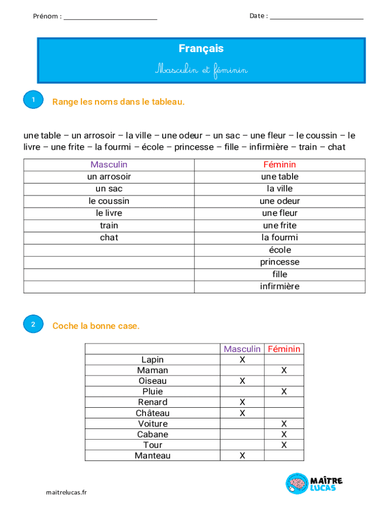 Remplissable En Ligne Le genre des noms au pluriel pour lve en CP CE1 ...