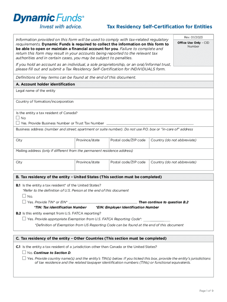 Fillable Online Tax Residency Self-Certification for Entities. Tax ...