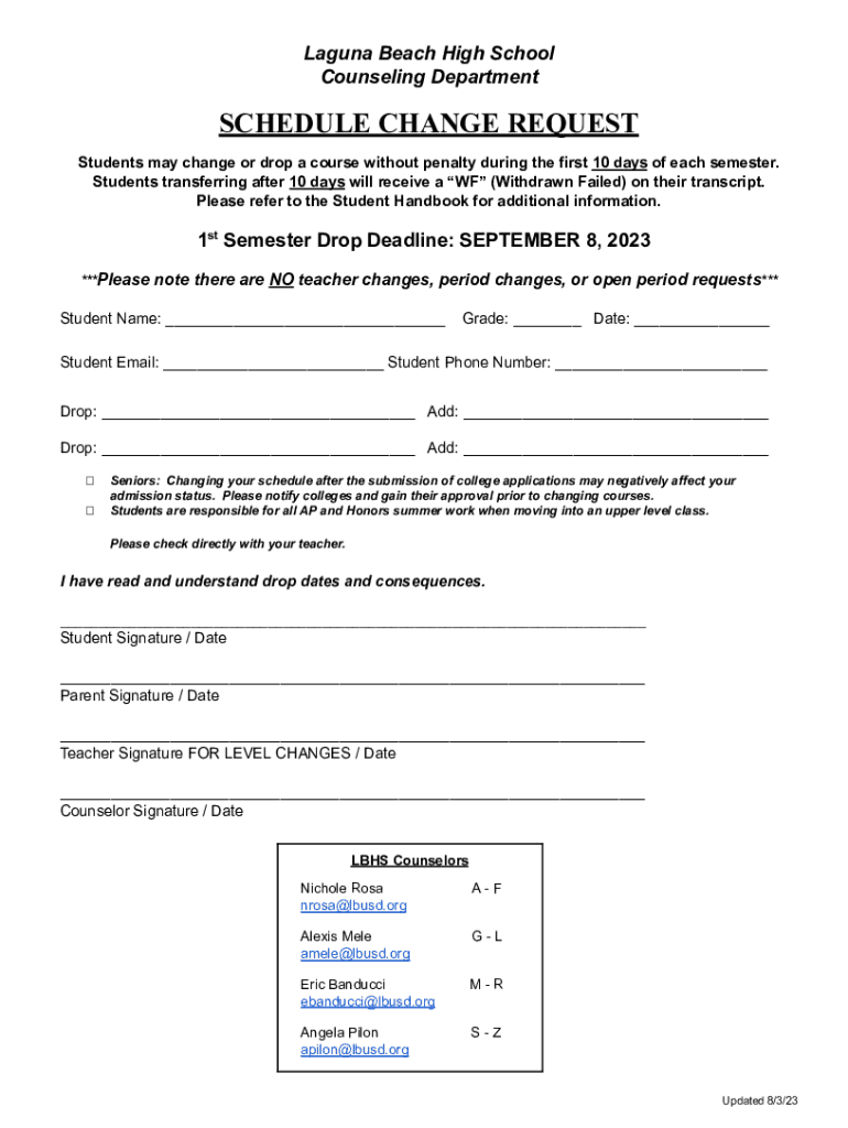 Fillable Online 1st SEMESTER SCHEDULE CHANGE REQUEST.docx Fax Email Print - pdfFiller
