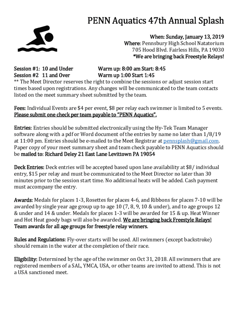 Fillable Online PENN Aquatics 47th Annual Splash Fax Email Print - pdfFiller