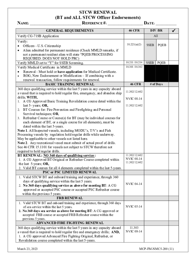 Fillable Online STCW RENEWAL (BT and ALL STCW Officer Endorsements ...